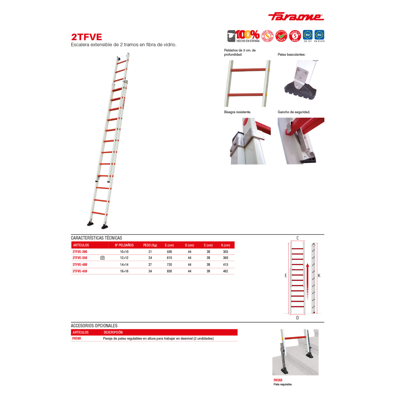 ESCALERA DE FIBRA DE VIDRIO DE 2 TRAMOS EXTENSIBLE Y 12+12 PELDAÑOS ...